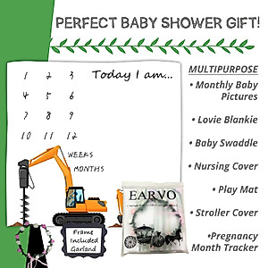 EARVO Baby Monthly Milestone Blanket Boy or Girl Construction Truck Baby Month Blanket with Wreath Frame Yellow Truck Milestone Blanket for Newborn to 12 Months Milestones 48”x48”BTZDEA10