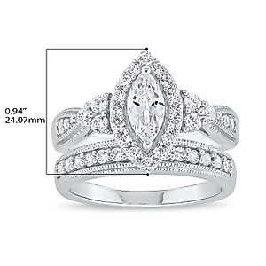 .925 Sterling Silver Cubic Zirconia Marqise Halo Milgrain Engagement Ring with Half-Eternity Wedding Band Bridal Set - Size 7