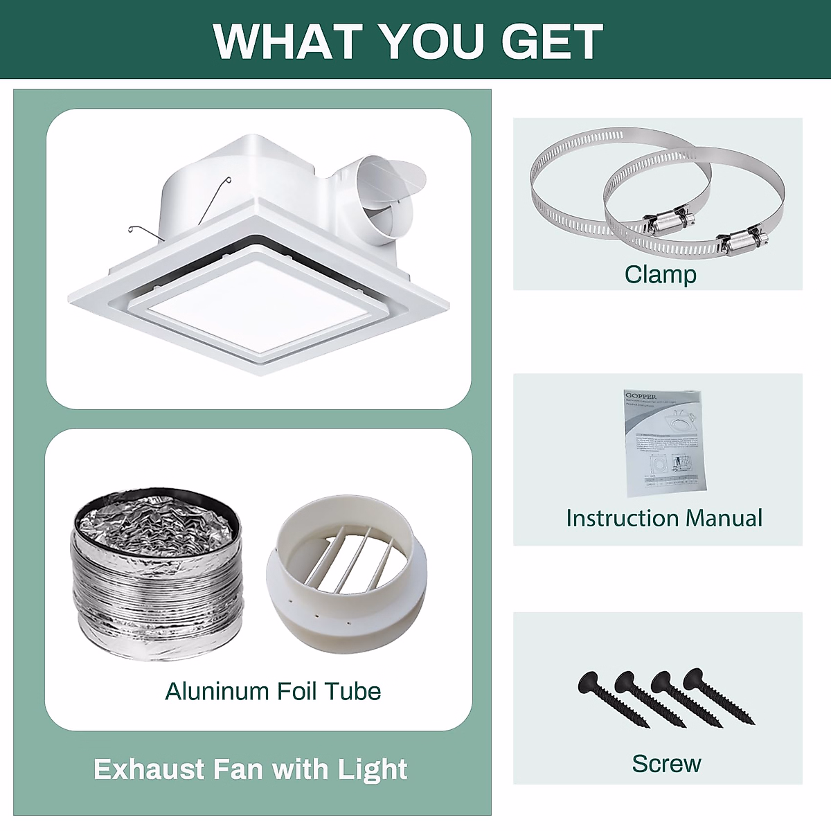 Gopper Bathroom Exhaust Fan with Light, Bathroom Fan with 12W 6000K LED Light Combo, 141CFM 1.0Sones Low Noise Bathroom Ventilation Fan for Home/Bath/Office/Hotel (12INCH)