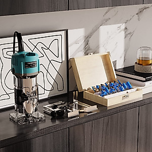 TwoWin Router Tool, 110V 800W Compact Wood Router Tool for Woodworking, Electric Hand Trimmer 1/4" Collets Palm Wood Router Tools Laminate Trimmer + Tungsten Carbide Router Bits 15-Piece Set