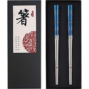 Titanium Plated Stainless Steel Chopsticks 2 Pairs Blue Silver Gift Set+ Stainless Steel Chopsticks Multipack 5 Pairs Gift Set+ Metal Steel Chopsticks Reusable with Travel Carrying Bag 2 Pairs Set