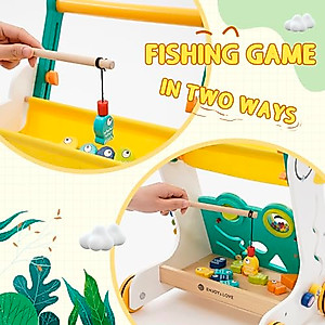 Wooden Baby Push Walker Wooden Push Toy Sit-to-Stand Learning Walkers for Baby Toddlers Baby Walker Activity Center Toys Fishing Game for 1+ Year Girls Boys Multi-Activity Learning Walker