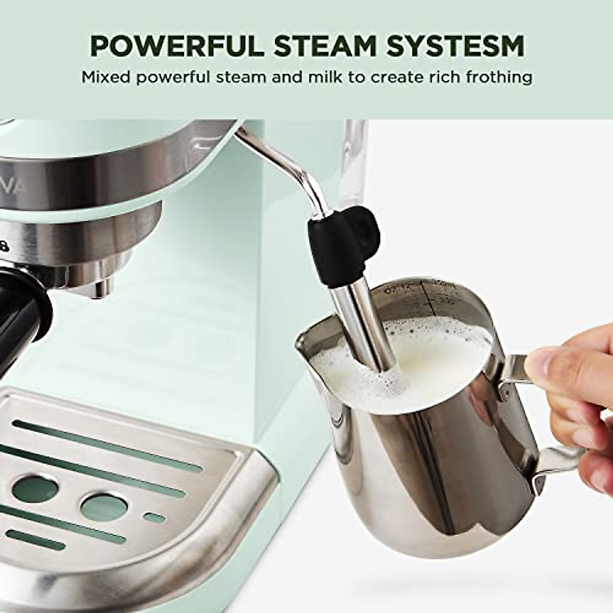 Neretva 20 Bar Espresso Coffee Machine with Steam Wand for Latte Espresso and Cappuccino, Compact Espresso Maker For Home Barista, 1350W Premium Italian High Pressure - Mint Green