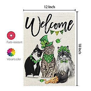 CROWNED BEAUTY St Patricks Day Cats Garden Flag 12x18 Inch Double Sided for Outside Small Burlap Green Shamrocks Clovers Welcome Yard Holiday Flag CF723-12