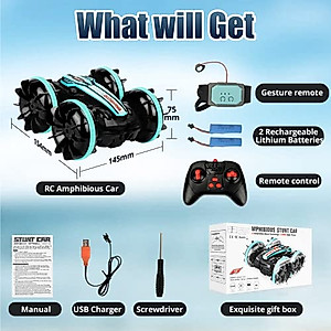 AmazeFun Amphibious Remote Control Car, 2.4GHz Gesture Sensor 4WD Remote Control Boat,360° Rotating Waterproof RC Stunt Car for Age 4 5 6 7 8 9-12 Kids Girls Boys Gift,All Terrain Beach Pool Water Toy