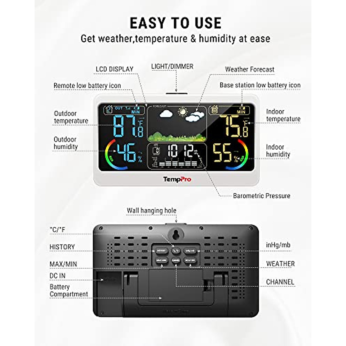 TempPro B68B Weather Station Indoor Outdoor Thermometer 500ft Wireless Home Weather Station with Digital Temperature Humidity Meter for Weather Forcast, White