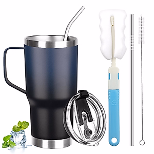 GUDEMAO 20 oz Stainless Steel Tumbler with Handle, Double Wall Vacuum Insulated Coffee Mug Tumbler with Lid and Straw, Thermal Cup for Cold and Hot (Blue Black)