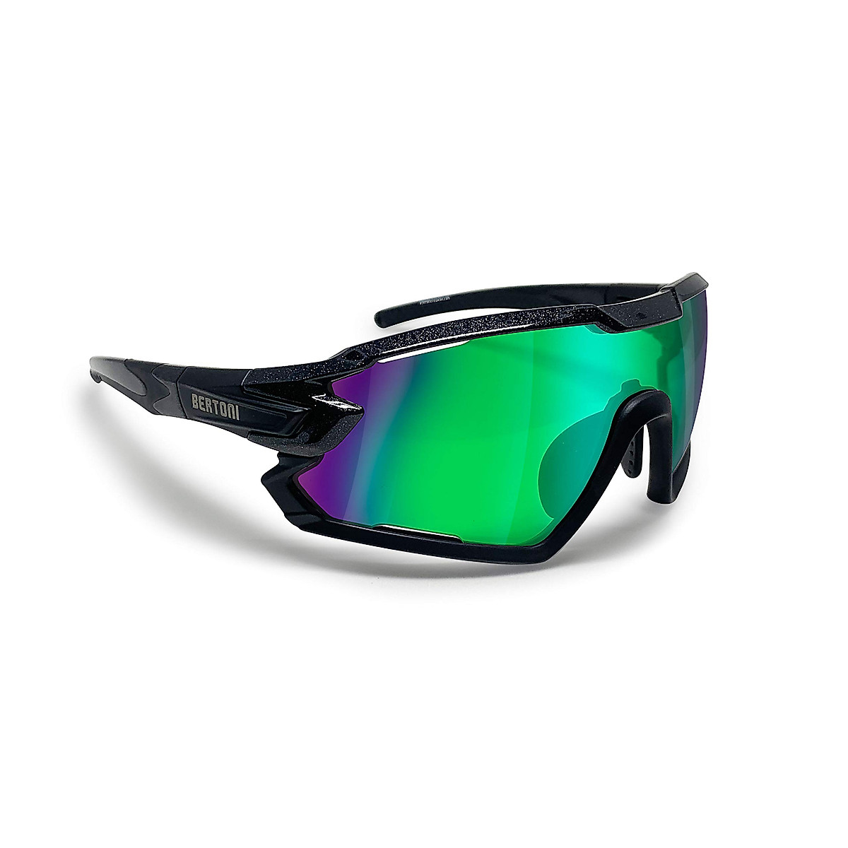 Bertoni Sport Sunglasses Cycling MTB Running Ski Golf Removable Sport Prescription Carrier Included mod. Quasar (Black/Green Mirror)