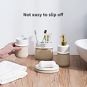 Bathroom Accessory Set 4 Piece & Small Trash Can Wastebasket, Rustic Farmhouse Bathroom Decor, Living Room Decor, and Accessories, Sand Glaze Non-Slip Design, Beige