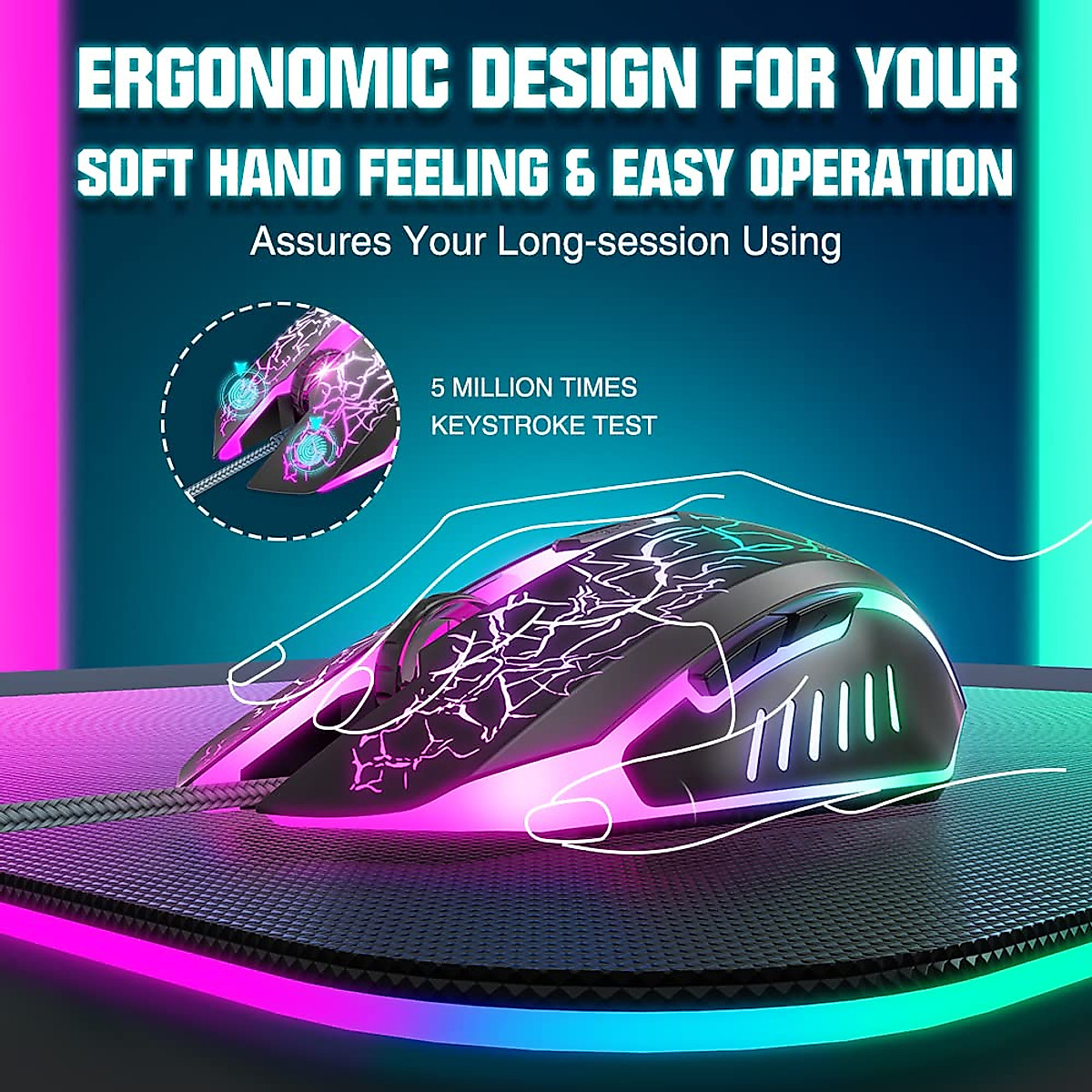 BENGOO Gaming Mouse Wired, USB Optical Computer Mice with RGB Backlit, 4 Adjustable DPI Up to 3600, Ergonomic Gamer Laptop PC Mouse with 6 Programmable Buttons for Windows 7/8/10/XP Vista Linux -Black