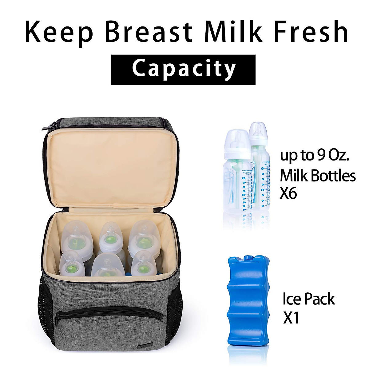 Teamoy Double Layer Breastmilk Cooler Bag with Ice Pack, Travel Baby Bottle Cooler Bag Tote Up to 6 Large 9 Ounce Bottles, Gray