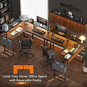 armocity L Shaped Computer Desk with Power Outlets, Gaming Desk L Shaped with LED Lights, Corner Desk with Storage Shelves, Work Study Desk for Bedroom, Home Office Small Spaces, 47'', Grey