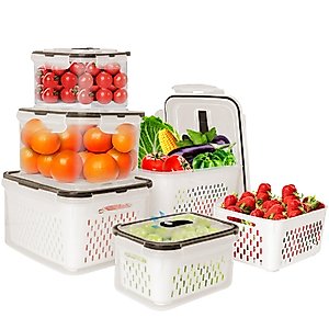 GSAFEME 4 PCS Large Fruit Containers for Fridge with Handle - Leakproof Food Storage Containers with Removable Colander for Salad Berry Lettuce Vegetables Meat Keeper