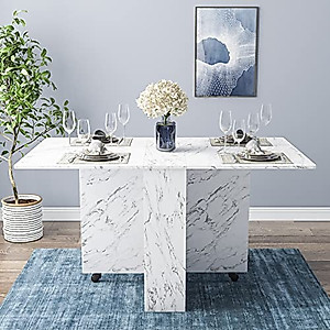 DINAZA Folding Dining Table Drop Leaf Table for Small Spaces with Storage Racks Multifunction Space Saving Table Extension Dinner Table for Kitchen Bedroom Dining Room White Marble