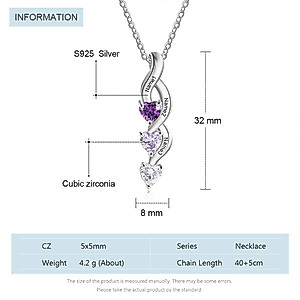 Tian Zhi Jiao Personalized 3 Names Simulated Birthstone Necklace for Mothers Custom Heart Drop Pendant Engraved Name Necklace for Women (Silver)