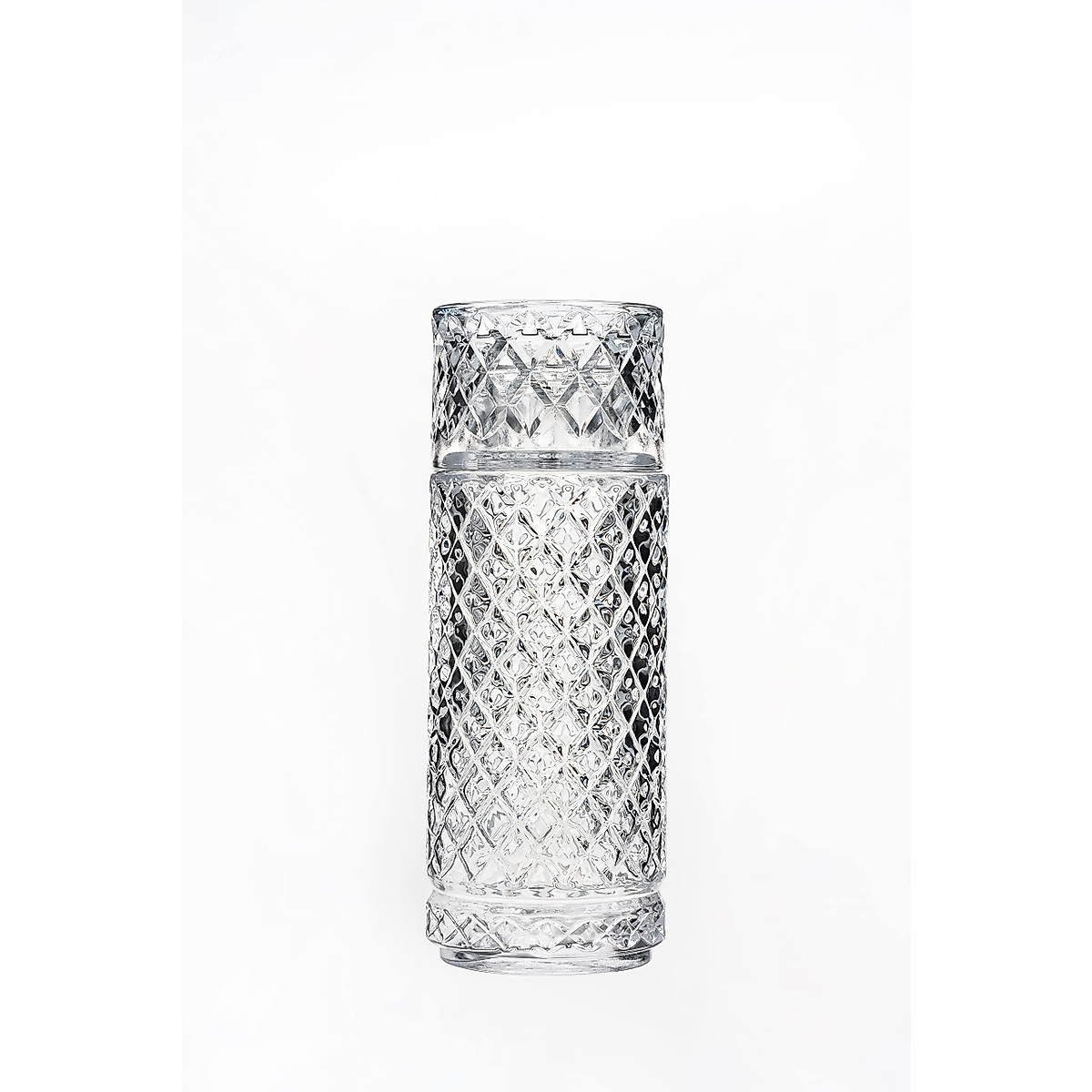 Alfi+Mag Bedside Glass Water Carafe and Tumbler Set - 24.7 Oz Water Bottle with 5.7 Oz Drinking Glass Cup, Carafe for Nightstand, Mouthwash Decanter Bathroom Set, Handmade Gift (Diamond Clear Glass)