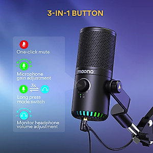 MAONO USB Gaming Microphone for PC, Programmable Condenser Mic with RGB Light, Mute, Gain, Monitoring, Volume Control for Streaming, Podcast, Twitch, YouTube, Discord, Computer, Mac, PS5, DM30 (Black)