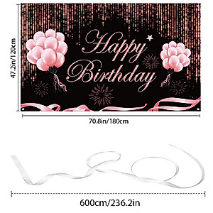 Happy Birthday Backdrop Banner Large Black and Rose Gold Glitter Sign Poster Photo Background for 30th 40th 50th 60th 70th 80th Birthday Party Decorations Supplies