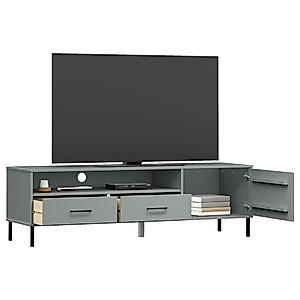 vidaXL TV Stand, TV Unit for Living Room, Sideboard with Metal Legs, Media Unit Cupboard, TV Table, Industrial, Gray Solid Wood Pine Oslo