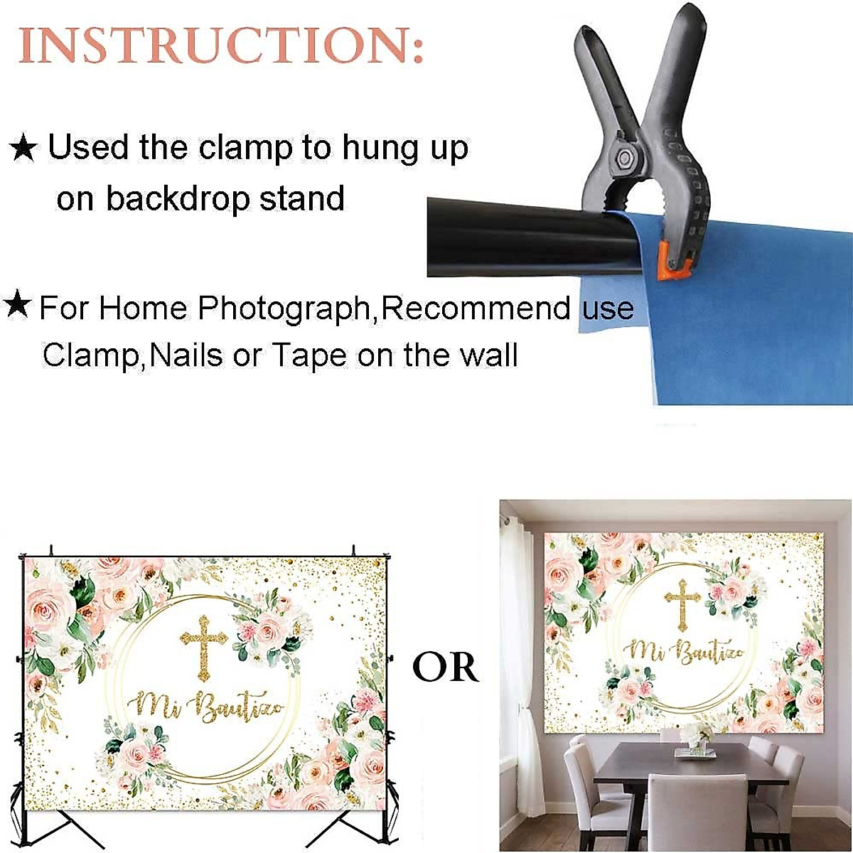 Sensfun Mi Bautizo Backdrop Gold Bless Spanish Baptism Girl First Holy Communion Party Decorations Pink Floral Gold Glitter Background Christening Newborn Photo Studio Booth Props 7x5ft