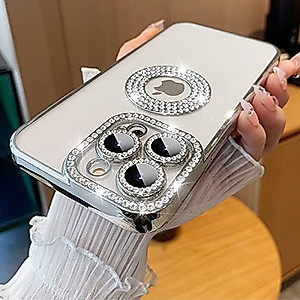Changjia for iPhone 13 Pro Max Clear Glitter Case,Cute Bling Sparkle Shiny with Rhinestones Diamond Camera Protection Logo View Soft Plating Bumper Women Girls Case for iPhone 13 Pro Max 6.7" (Silver)