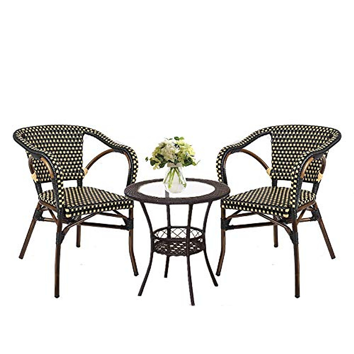 LUCKYERMORE Outdoor Rattan Wicker Chair Set of 4 Stackable Arm Chairs with Aluminum Frame Patio Dining Chair for Backyard Porch Garden, Black/Cream