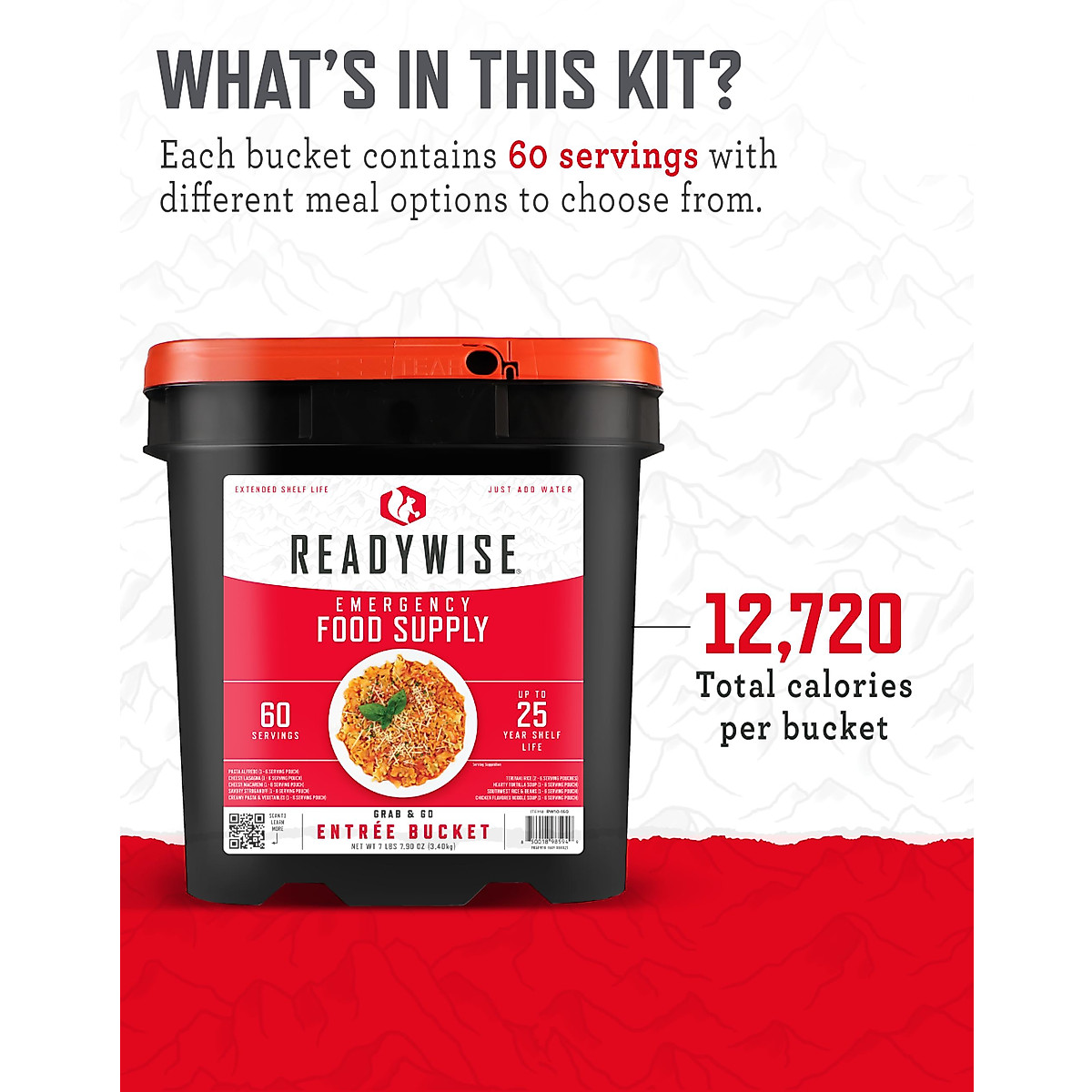 READYWISE - Entrée Grab & Go Bucket, 60 Servings, Emergency, MRE Supply, Premade, Freeze Dried Survival Food for Hiking, Adventure & Camping Essentials, Individually Packaged, 25 Year Shelf Life