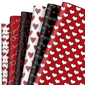 AnyDesign 12 Sheet Valentine's Day Wrapping Paper Red White Black Hearts Wrapping Paper Sweet Love Art Paper for Wedding Anniversary Baby Shower Birthday Gift Packing, 20 x 28 Inch, Folded Flat