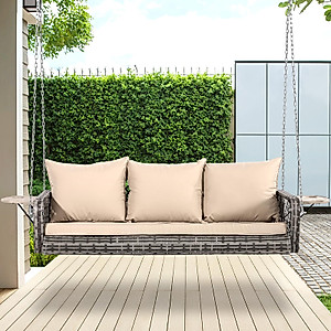 TITIMO 3-Seats Wicker Porch Swing Hanging Bench Chair Outdoor Gray Rattan Patio Swing Lounge with Cushions for Garden, Balcony, Deck