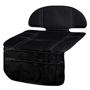 Padded Child Car Seat Protector for Kids - Auto Seat Cover to Protect Interior Leather & Fabric Upholstery - Waterproof Material PVC Leather Fortified Corners, 2 Large Storage Pocket Organizers