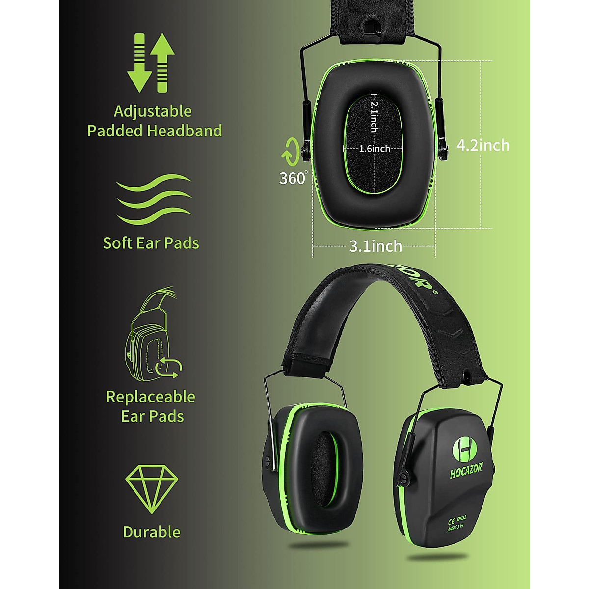 Hocazor Shooting Ear Protection NRR 26dB Suit for Shooters Hunting Range Racing Concert Sports Events Airports - Black&Green HO1006