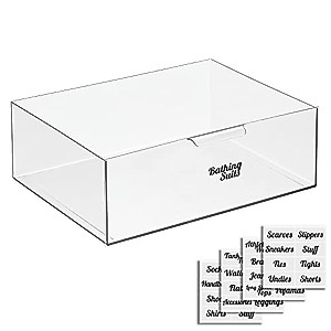 mDesign Plastic Closet Storage Organizer Bin Container with 32 Labels - Organizer for Drawers, Shelves, Bedroom, and Hallway Storage - 16" Long - Clear