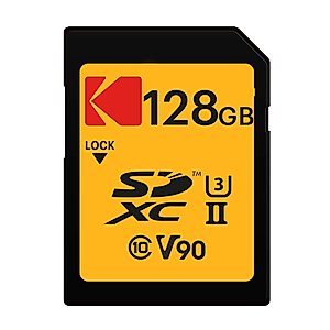 Kodak 128GB UHS-II U3 V90 Ultra Pro SDXC Memory Card - Up to 3000MB/s Read Speed and 270MB/s Write Speed