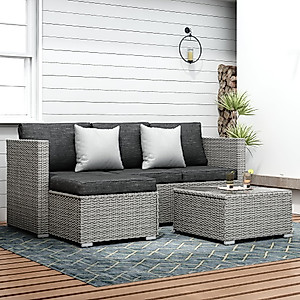 Patio Furniture Sectional Sofa Set – 3 Piece All Weather Resin Wicker Outdoor Conversation Set Black Washable Cushions & Coffee Table | Garden | Backyard | Pool | 2 Clips