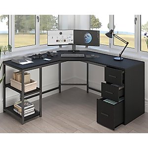 LVB Black L-Shaped Desk with File Drawers Cabinet, Reversible Corner Executive Computer Desk with Storage Shelves, Modern Large Work Study Writing Gaming L Shape Desk for Home Office Bedroom, 60 Inch