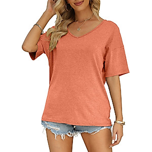 MIROL Women's Half Sleeve T Shirts Fashion V Neck Oversized Loose Tops Solid Casual Basic Blouses Orange