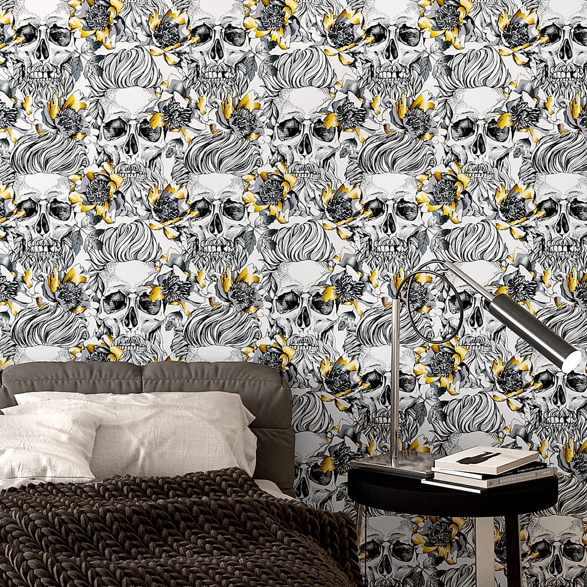 STICKEEP Skull Floral Wallpaper Stick and Peel Boho Gold Floral Peel and Stick Wallpaper for Bedroom Bathroom Wall Paper Black White Floal Contact Paper for Cabinets Self Adhesive Vinyl Roll 24”x118”