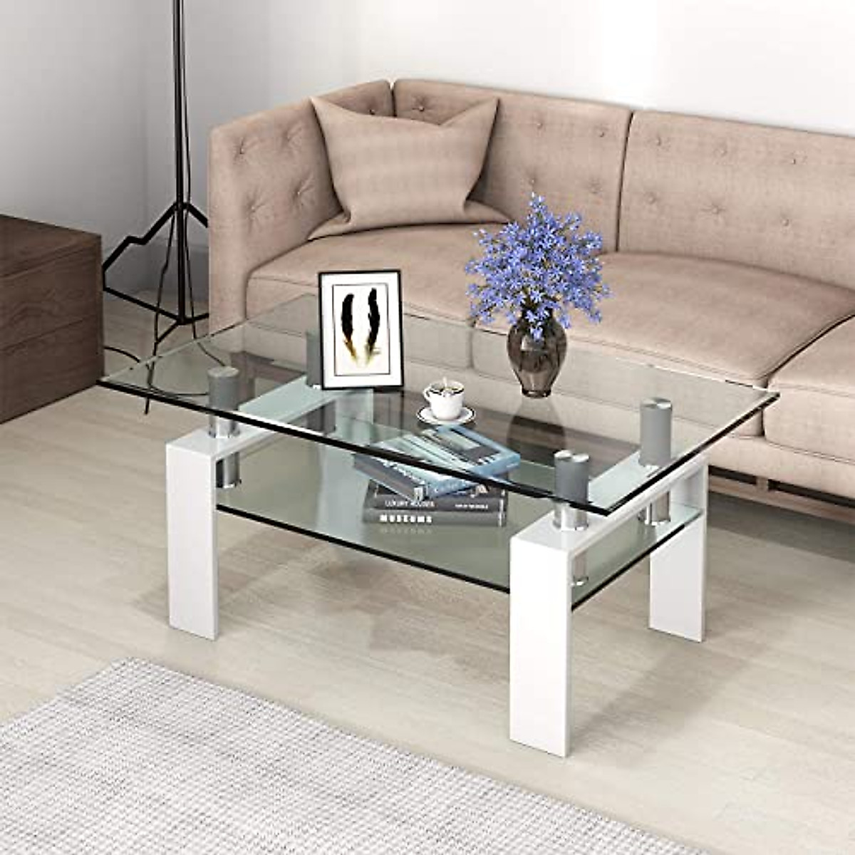Tangkula Rectangular Glass Coffee Table, Modern Side Coffee Table w/Lower Shelf, Tempered Glass Tabletop & Metal Legs, Suitable for Living Room Office (White)