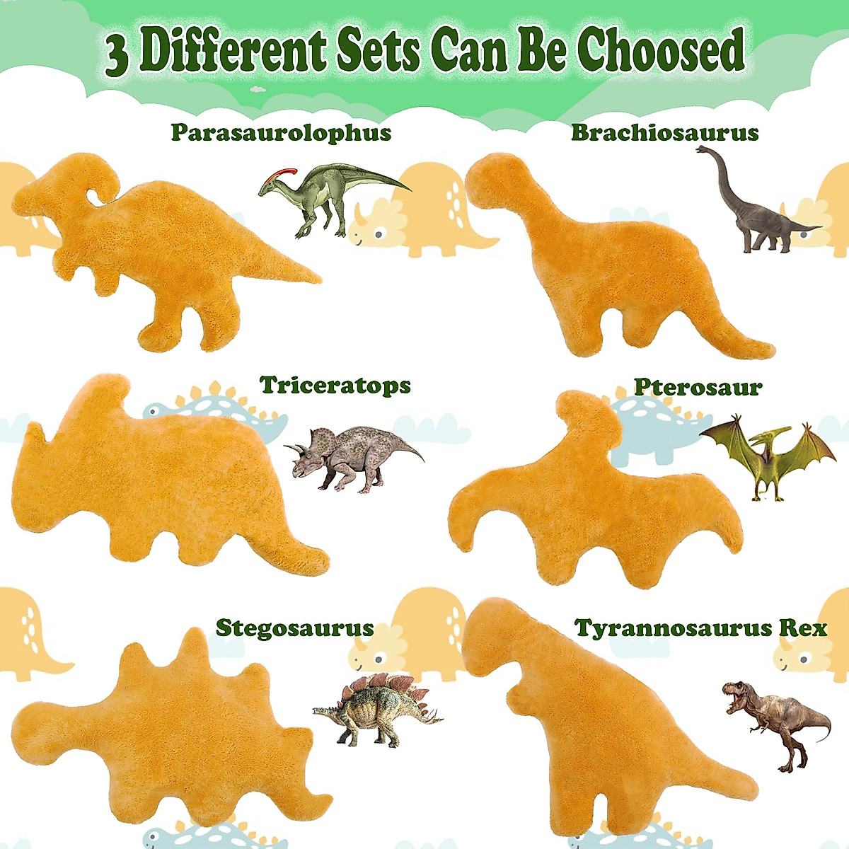 ML.ENJOY 19 inch Dino Chicken Nugget Pillow, Dinosaur Chicken Nugget Plush, Dinosaur Stuffed Animal Cute Soft and Nice Size Plush Toy, Gift for Boys and Girls(Dino-A)