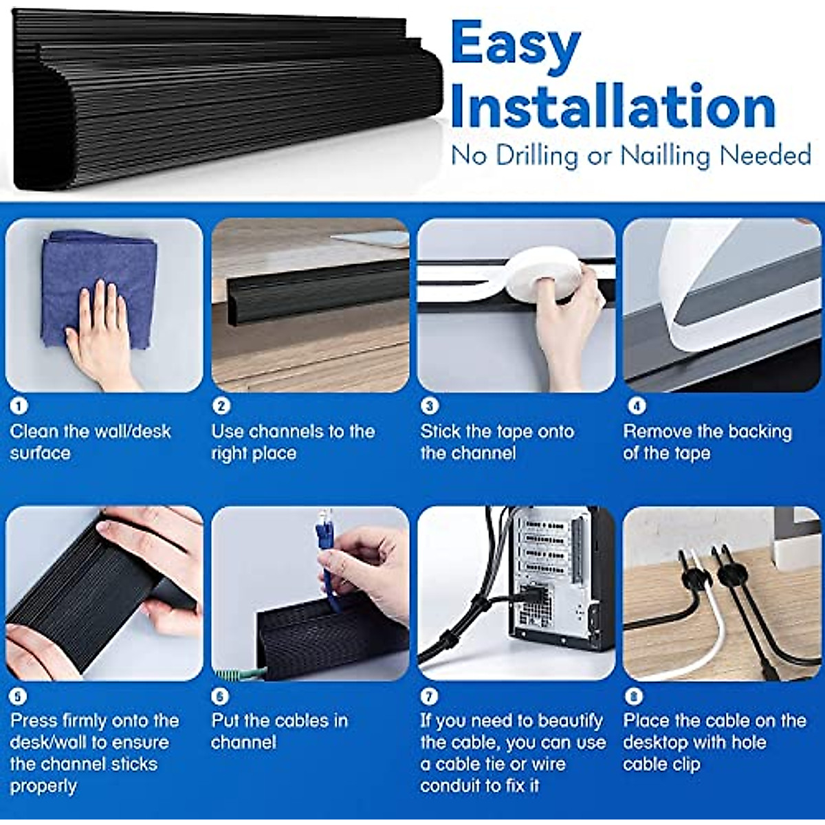 Cable Management Under Desk 63.2'' J Channel Cable Raceway, No Drill Cord Hider for Desk, Wire Management Under Desk Easy to Tape Install, 4X L15.8W1.1H2.24in Cable Management Tray, Black