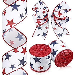 2 Rolls Stars Wired Edge Ribbon 4th of July Red White Blue Ribbon Independence Day Flag Day Ribbon for Wreaths 2.5 Inch Patriotic Fabric Ribbons for DIY Independence Day Party Decorations, 20 Yards