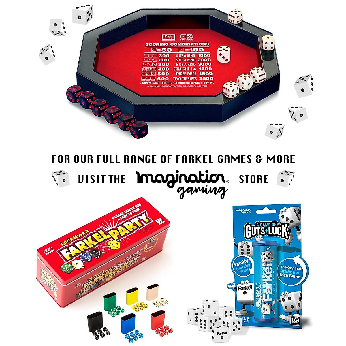 Farkel Game Set with Deluxe Dice Rolling Tray, Built-in Dice-Collection Channel, 2 Sets of Dice, 40-Sheet Scorepad, Classic Family Game