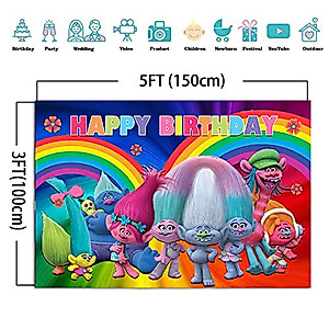 5x3ft Cartoon Animation Movies Trolls Poppy Photo Background Happy Birthday Party Photography Backdrops Baby Shower Cake Table Colorful Decor Banner Booth Studio Props