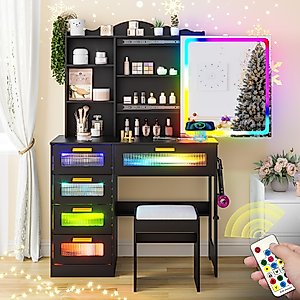 FOMNEY RGB LED Vanity Desk with Mirror and Lights, Makeup Vanity Desk with 3-in-1 Charging Station, Vanity Set with Stools＆Sliding Mirror, Make UP Table with 5 Drawers (Black)