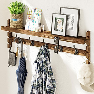AMBIRD Wall Hooks with Shelf 28.9inch Entryway Wall Hanging Shelf Wood Coat Hooks for Wall with Shelf Coat Rack Wall Mount Rack with 5 Dual Hooks with Glasses Organizer and Hat Organizer