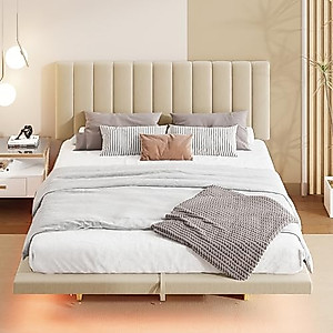 Acosure Queen Size Hydrualic Upholstered Floating Bedframe with LED Light & USB Port,Velvet Upholstered Platform Bed W/Storage,Space Saving,Beautiful Furniture for Bedroom Guest Room Apartment,Beige