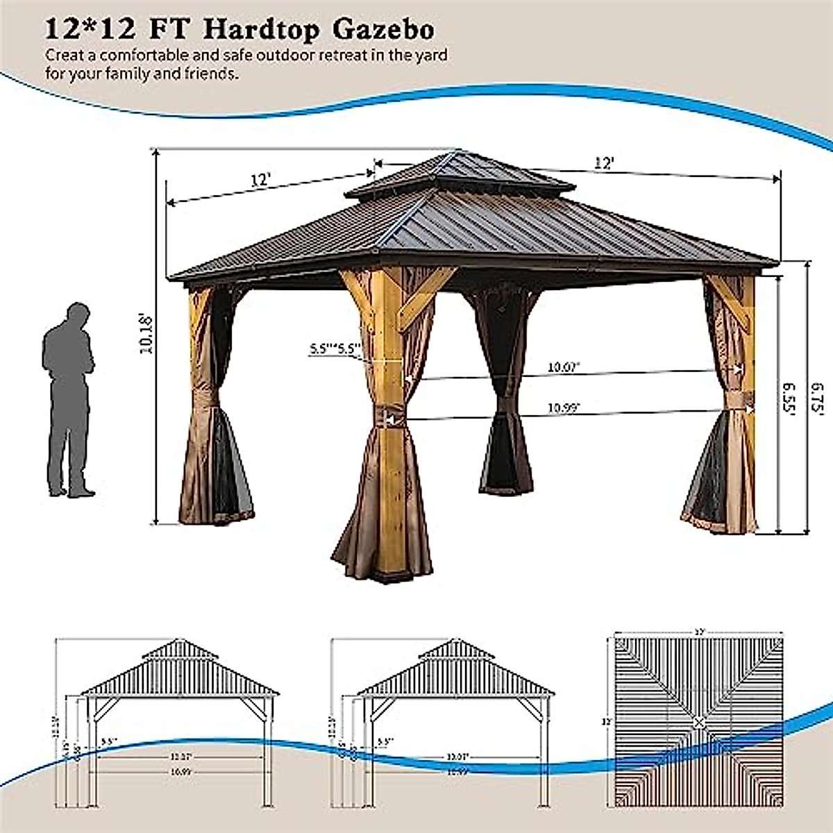 Evedy Hardtop Gazebo12x12ft,Outdoor Permanent Metal Pavilion with Galvanized Steel Double Roof,Outdoor Cedar Wood Frame Canopy with Curtains and Netting for Patio,Backyard and Lawn(Brown)