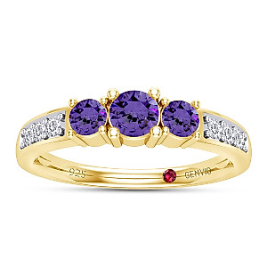 GEMVIO Collection 3 Stone Ring, Round Cut Natural Amethyst Gemstone & Natural Diamond Engagement Ring In 14K Yellow Gold Over Sterling Silver Anniversary Wedding Band Ring (0.40 Cttw)-6