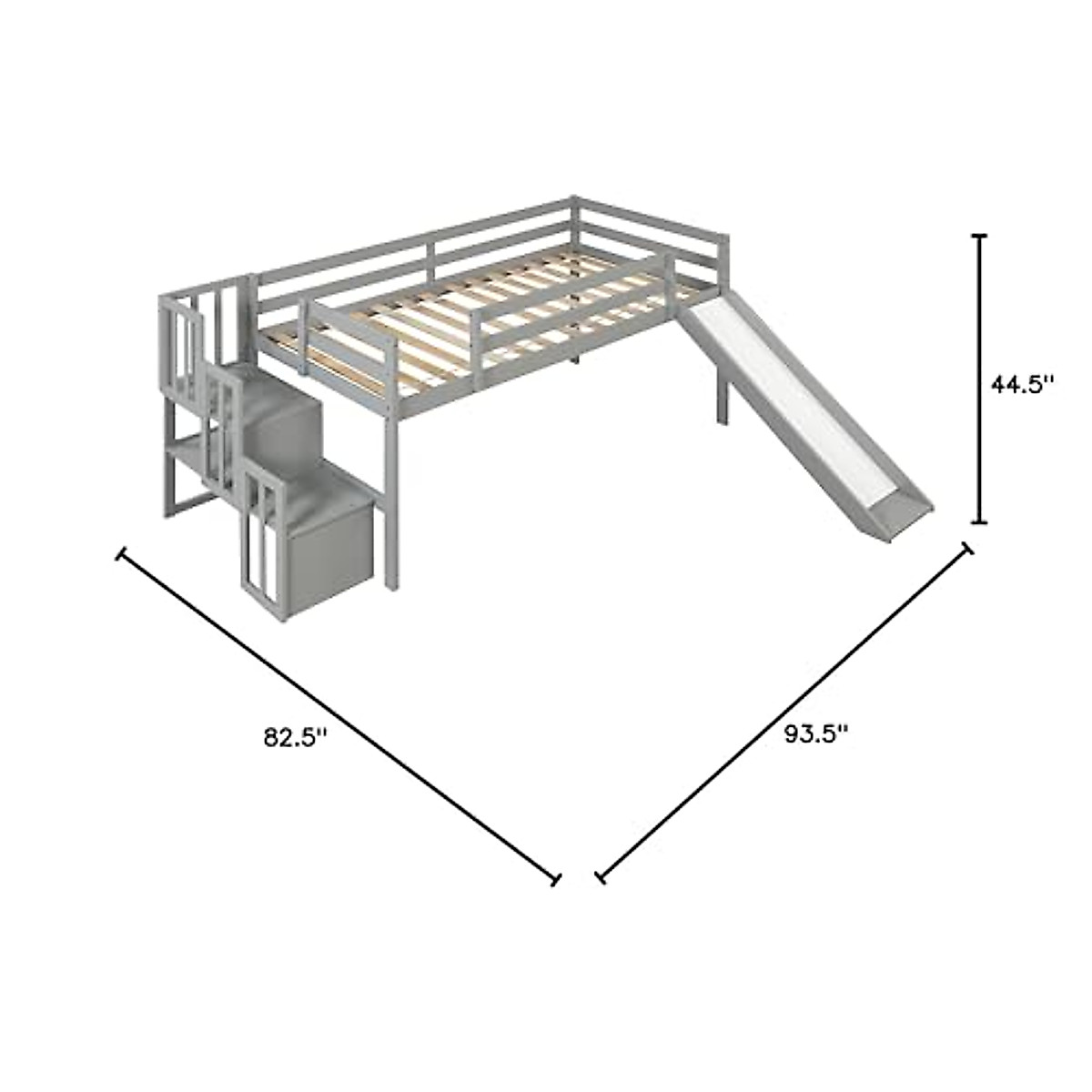 HABUHOME Loft Bed with Staircase, Storage, Slide, Twin Size, Full-Length Safety Guardrails, No Box Spring Needed, Grey