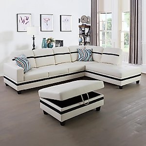 HOMVET L-Shaped Corner 5 Seaters Chaise & Storage Ottoman,Modern Faux Leather Sectional & Sofa Couch with 2 Pillows for Home Office Apartment Living Room Furniture Sets, PU Right, White and Black
